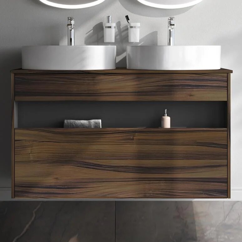 Тумба с раковиной AM.PM Func 120 подвесная, напольная, 120 см, двойная, накладная, светлое дерево, матовая, из ЛДСП, с ящиками, раковина для ванной фарфоровая, овальная, встроенный слив-перелив