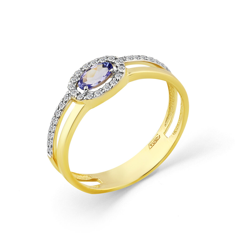 Кольцо, желтое золото, 585 проба, бриллиант, танзанит
