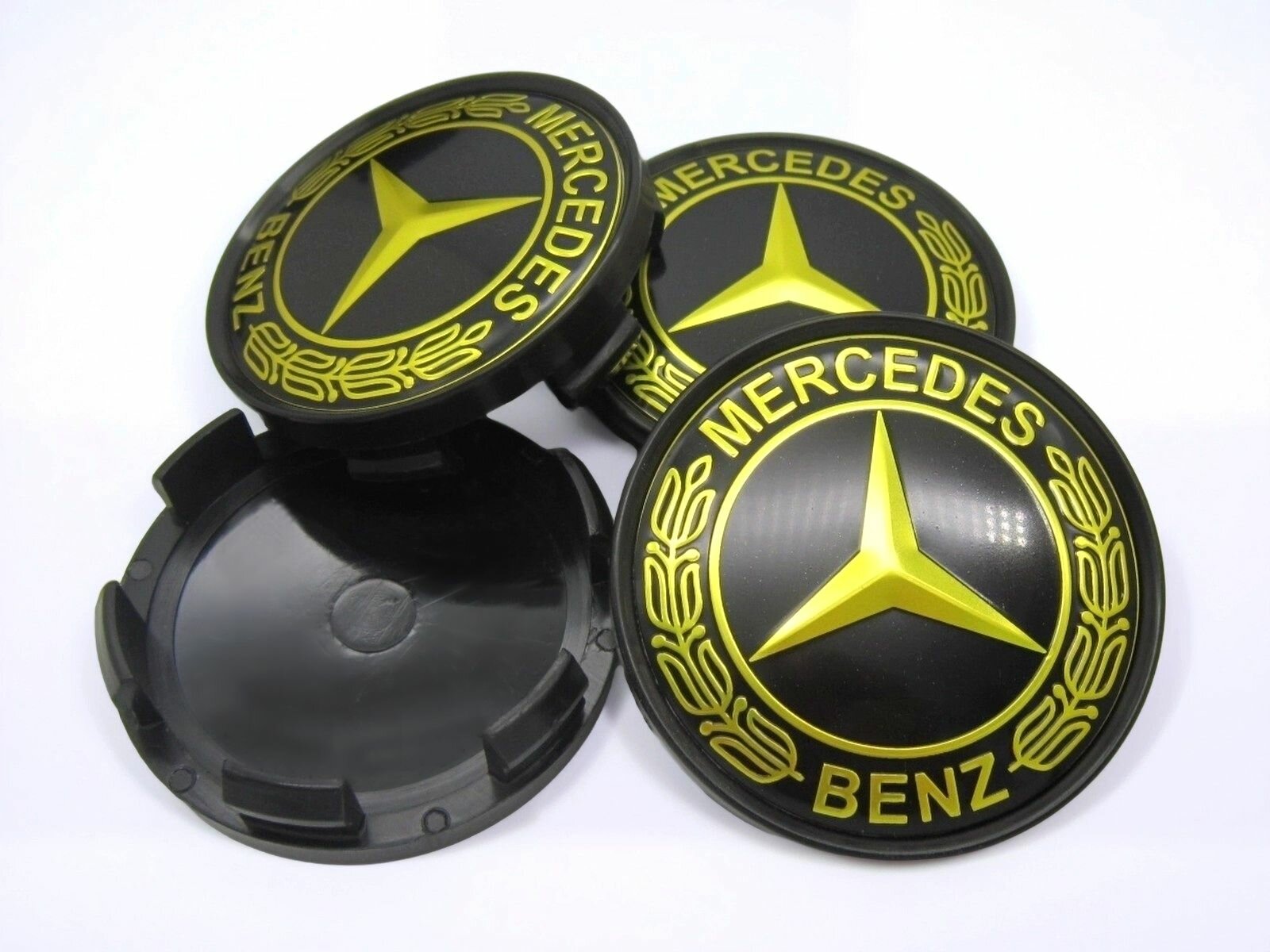 Колпачки заглушки на литые диски Mercedes black/gold 59/56/10 мм, комплект 4 шт.