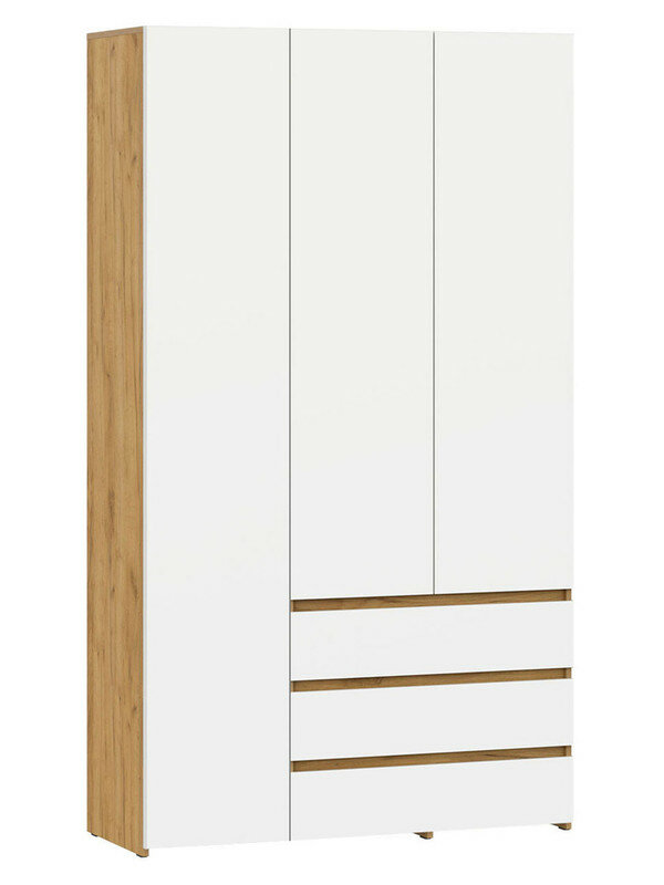 Распашной шкаф для одежды и хранения вещей Некст с полками, с ящиками, со штангой для одежды, 120.1х46х210 см, Дуб золотой / Белый