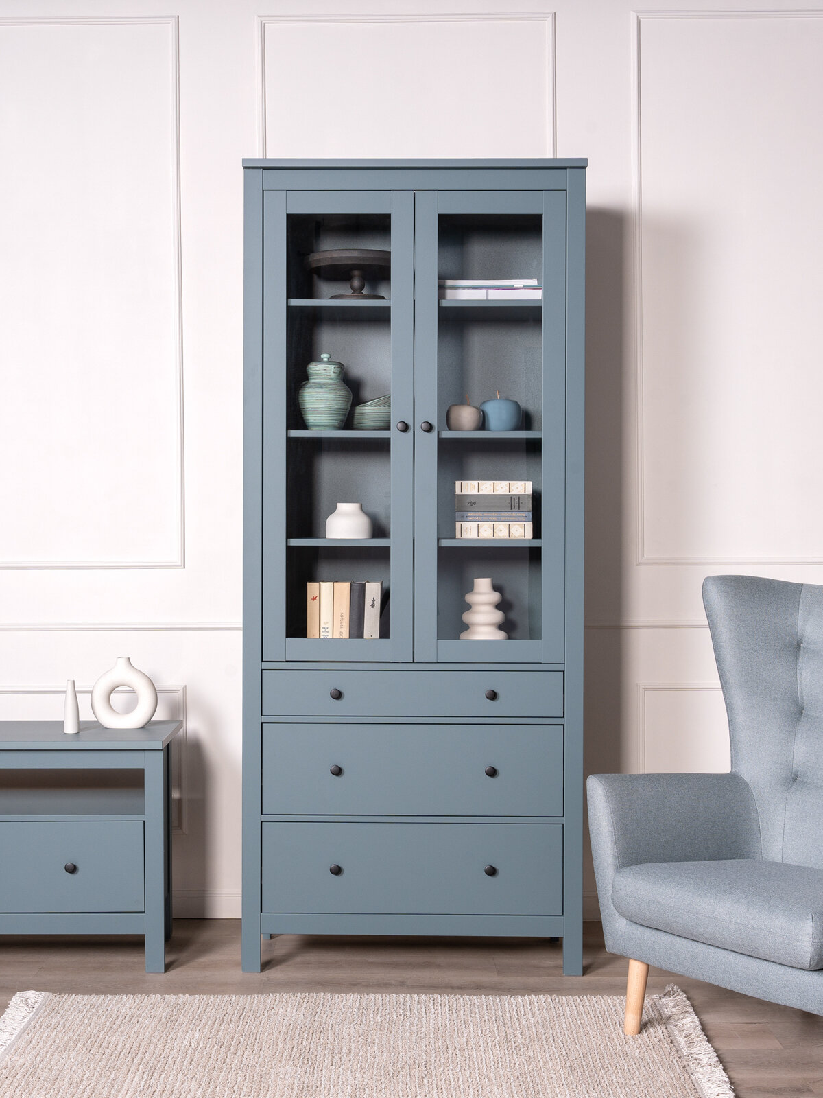 Шкаф с витриной ГУД лакк Сага, 3 ящика, 90х41х216 см, шариковые направляющие с доводчиком, темно-бирюзовый