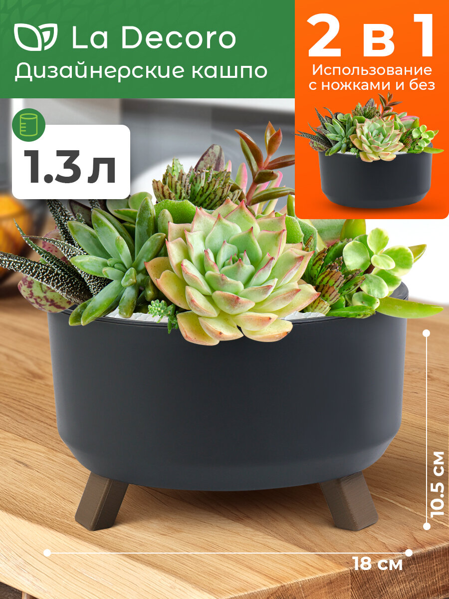 Кашпо на ножках La Decoro, горшок для цветов с дренажной вставкой, грация прайм, 1 шт 1,3 л, цвет антрацит