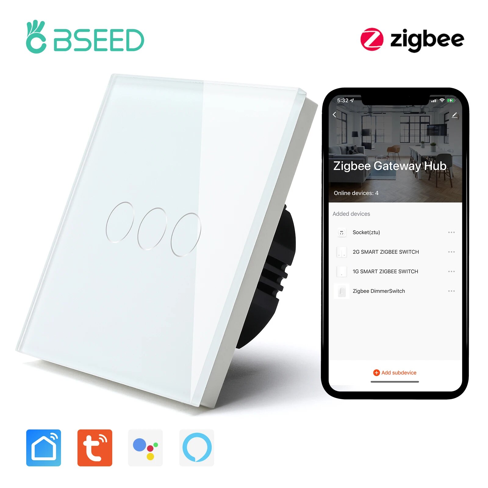 Bseed Zigbee 1/2/3Gang Стандарт ЕС Сенсорный выключатель света Одиночный умный настенный выключатель Smart Life Google Home Голосовое управление, White 3 Gang, Европейский стандарт