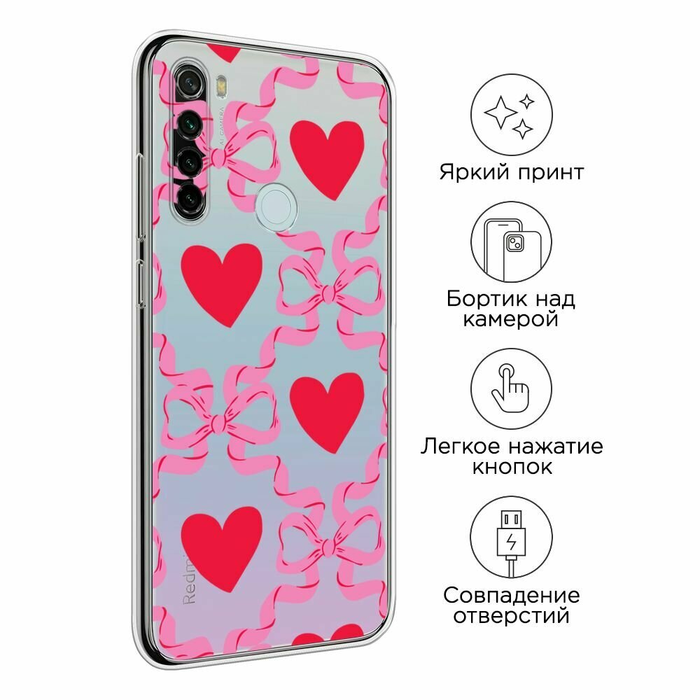 Чехол на Xiaomi Redmi Note 8T / Сяоми Редми Нот 8Т с принтом "Hearts and ribbons 2 - 14 февраля", прозрачный — фото 1