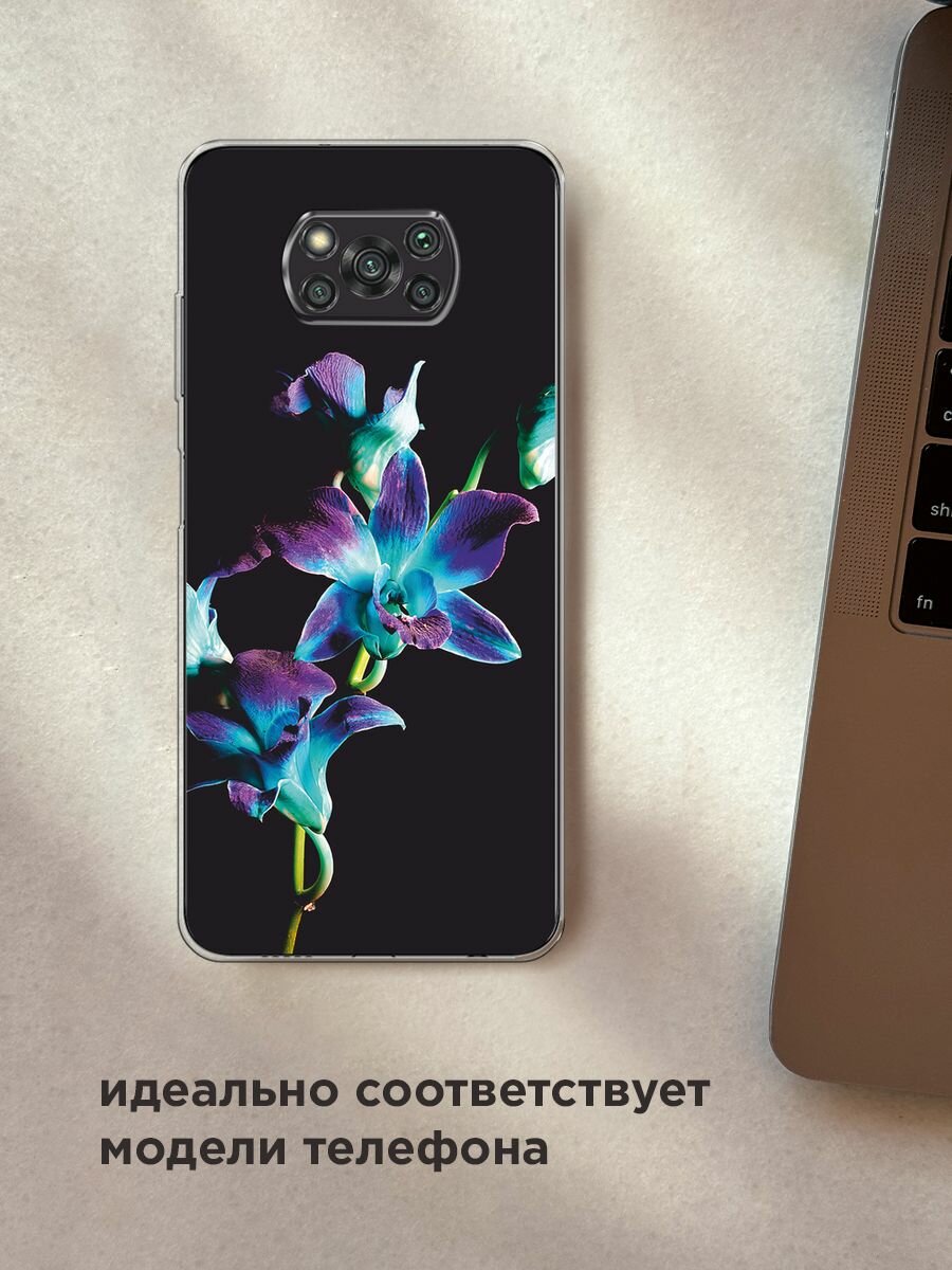 Чехол на Xiaomi Poco X3/X3 Pro / Поко X3/X3 Pro с принтом "Синий цветок на черном" — фото 1