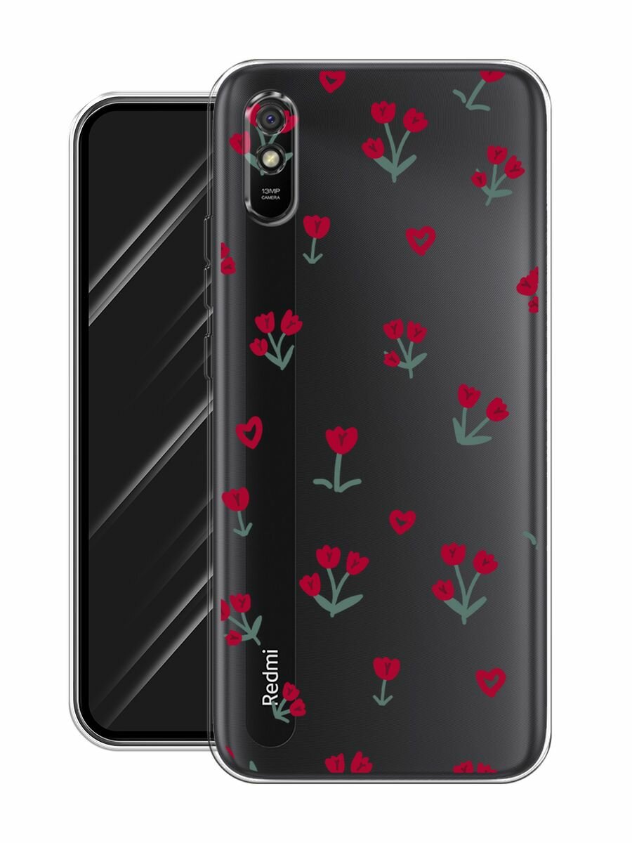 Чехол на Xiaomi Redmi 9A / Сяоми Редми 9А с принтом "Красные тюльпанчики", прозрачный — фото 1