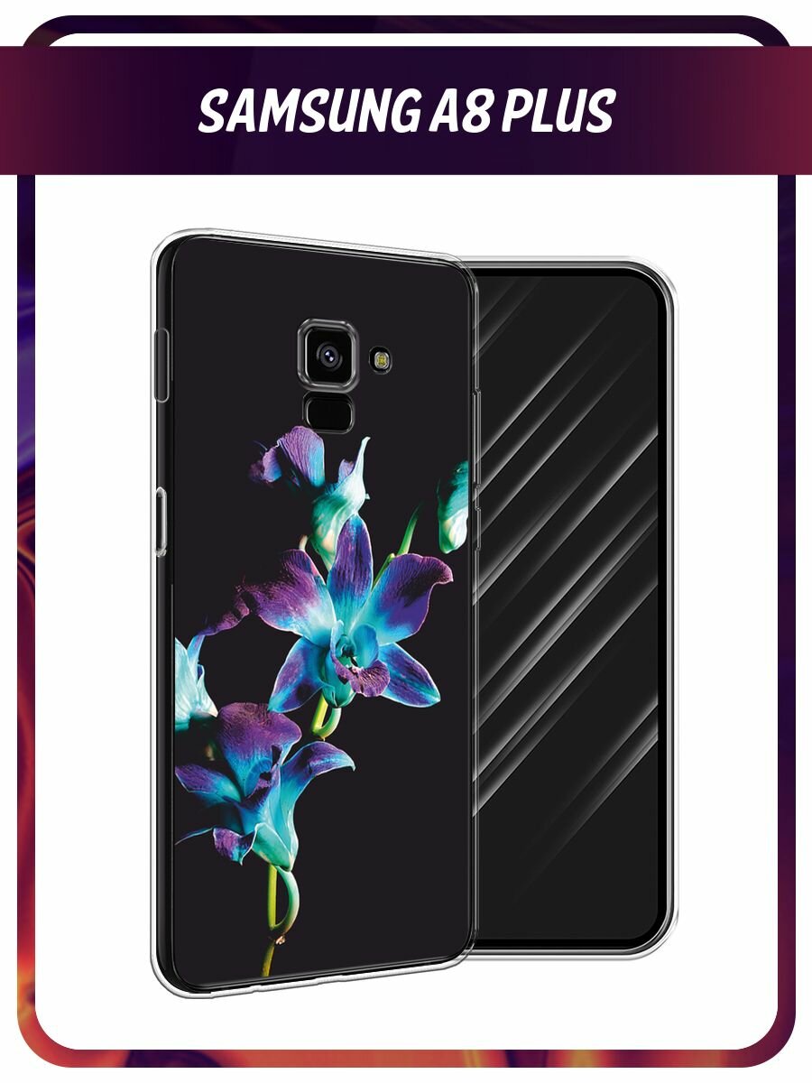 Чехол на Samsung Galaxy A8 + / Самсунг Галакси А8 Плюс 2018 с принтом "Синий цветок на черном"