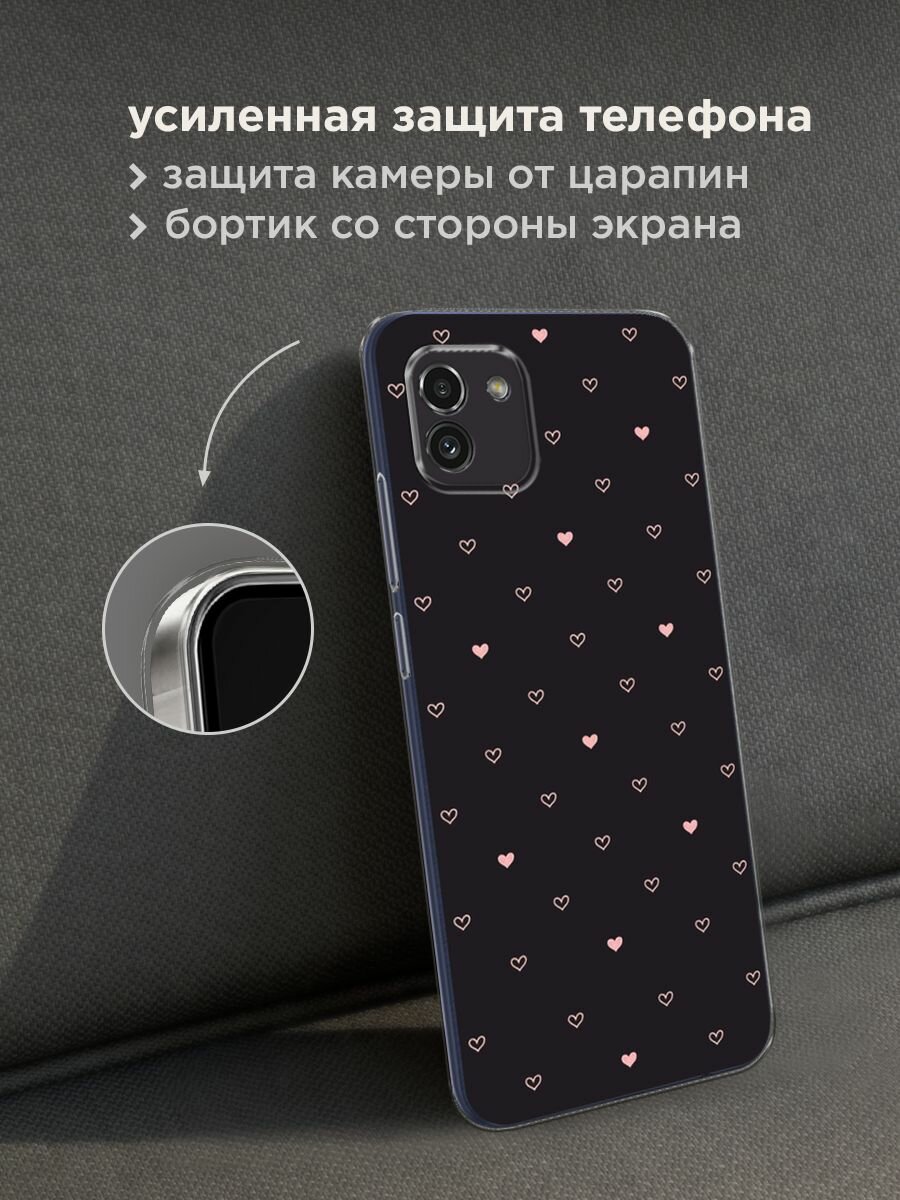Чехол на Samsung Galaxy A03 / Самсунг Галакси А03 с принтом "Черный фон и сердечки" — фото 1