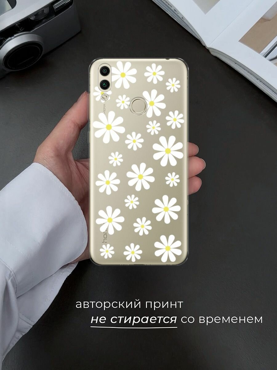 Чехол на Honor 8C / Хонор 8С с принтом "Большие ромашки", прозрачный — фото 1
