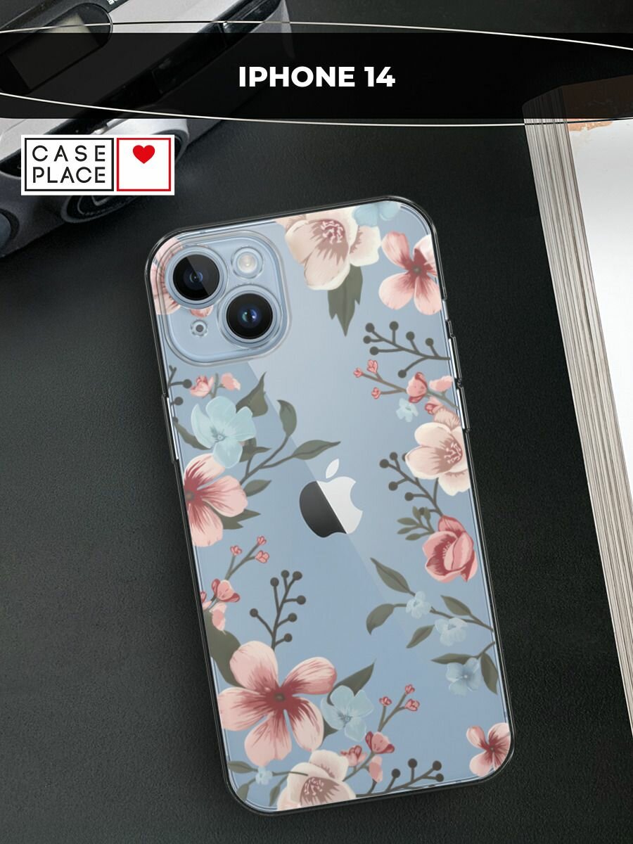 Чехол на Apple iPhone 14 / Айфон 14 с принтом "Нежная рамка из цветов", прозрачный