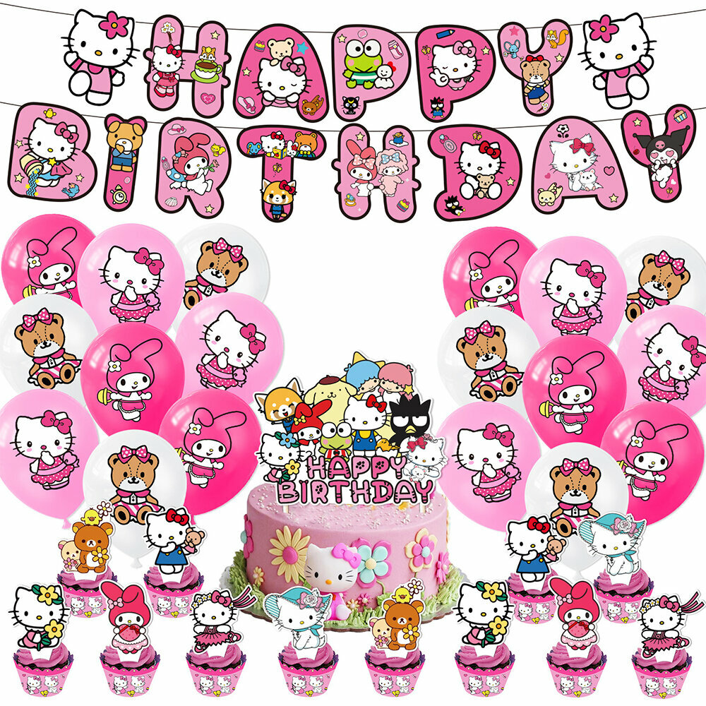 33шт. Украшения для Дня Рождения Hello Kitty Включают Баннеры, Топперы Для Тортов, Воздушные Шары