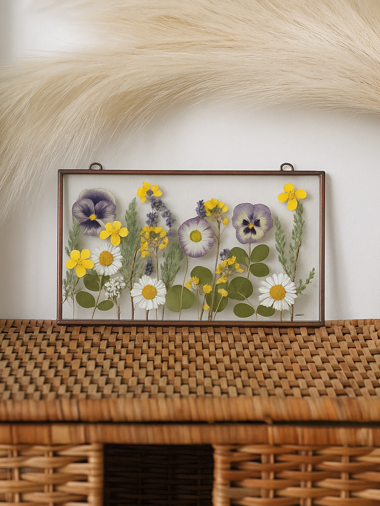 Панно из настоящих цветов в стекле гербарий в горизонтальной медной раме, ручная работа 15*25 см