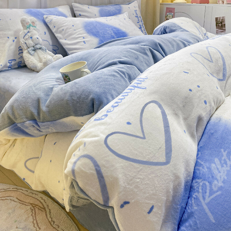 Комплект постельного белья из зимнего молочного флиса (4 предмета), простыня из утолщенного кораллового флиса, пододеяльник, комплект постельного белья из 3 предметов из двухстороннего флиса с бортиками,220*240cm