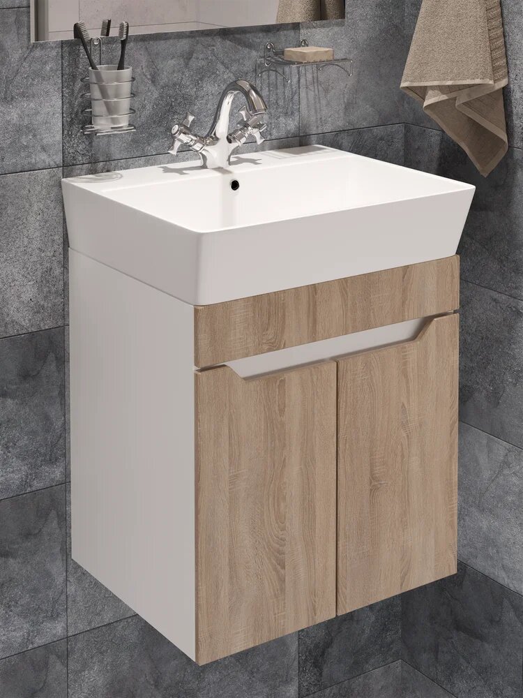 Тумба с раковиной DIWO Архангельск 50 подвесная, 50 см, белая, светлое дерево, матовая, из МДФ, с дверками, раковина для ванной, фаянсовая, прямоугольная, встроенный слив-перелив, с сифоном