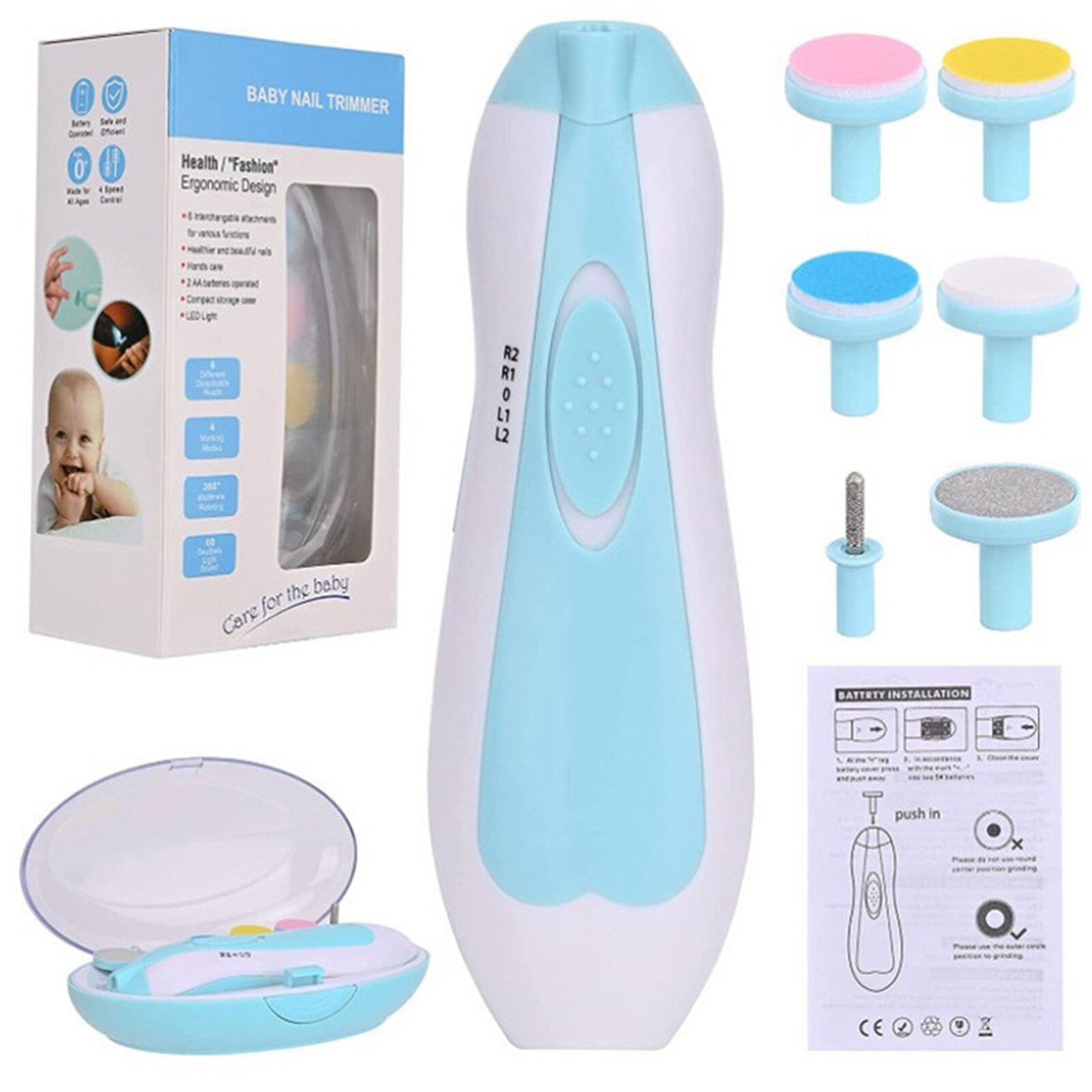 Детский триммер для ногтей 8000 об/мин, светодиодная подсветка, 6 насадок, безопасное и простое управление, электрическая пилочка для ногтей для малышей и взрослых.