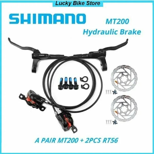 Велосипедный гидравлический тормоз Shimano MT200 левый передний правый задний пара 800/1450 мм + два Тормозной диск для велосипеда (ротор) SM-RT56 180 мм