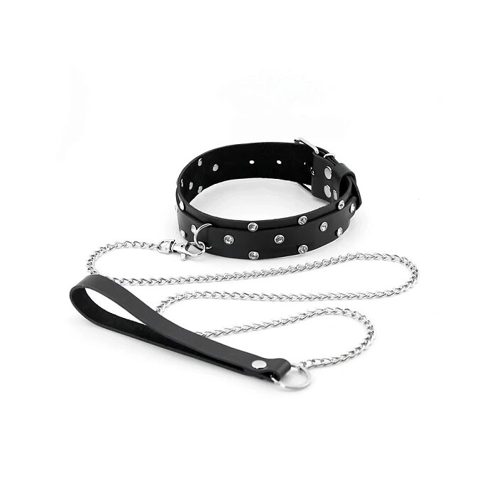 Ошейник ПодКожей двойной со стразами и полукольцом, натуральная кожа