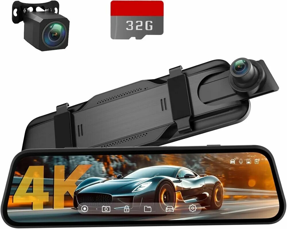 Видеорегистратор зеркало 4K, 10 дюймов сенсорный экран, с камерой заднего вида Full HD, две камеры, ночное видение, карта 32 ГБ в комплекте