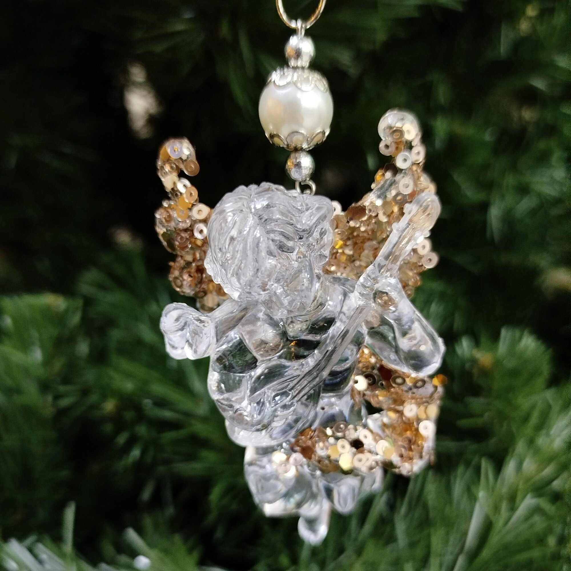 Украшение на ёлку Ангел с лютней, золотые крылья