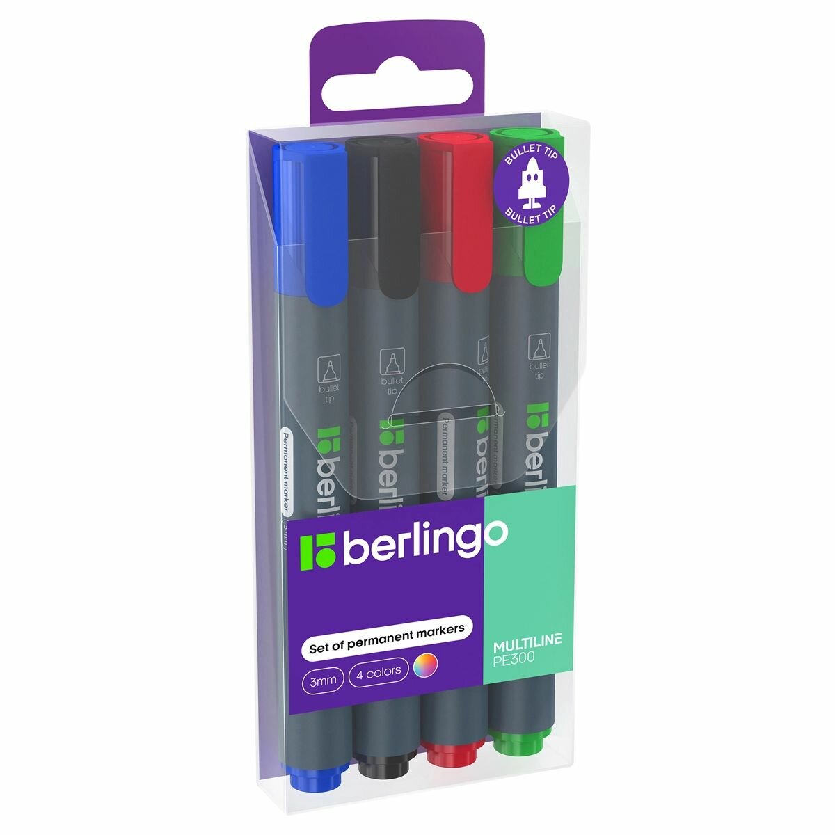 Набор перманентных маркеров Berlingo "MultiLine PE300" 4 цв, пулевидный, 3,0 мм