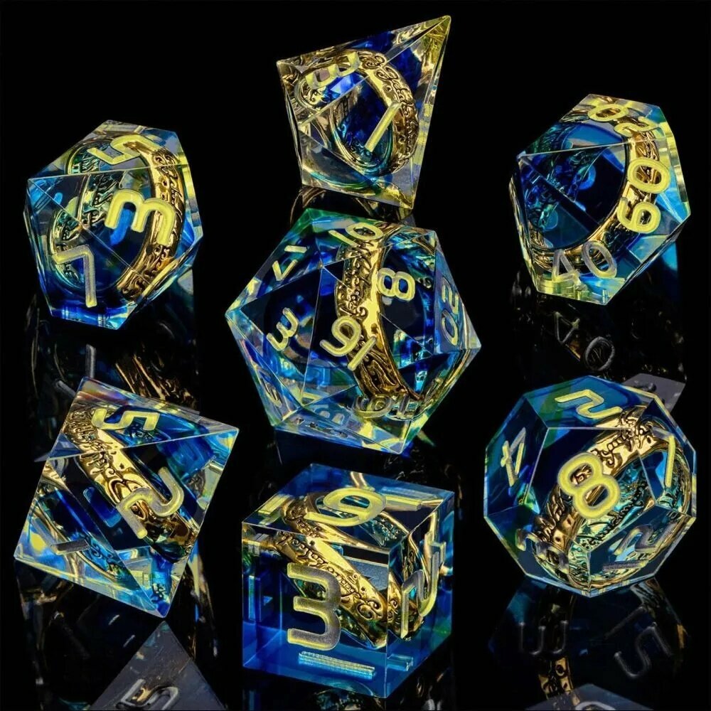 Кубики ДнД с кольцом: Синие дайсы для Dungeons & Dragons, набор из 7 кубиков для DnD, кости игральные из смолы с острыми гранями
