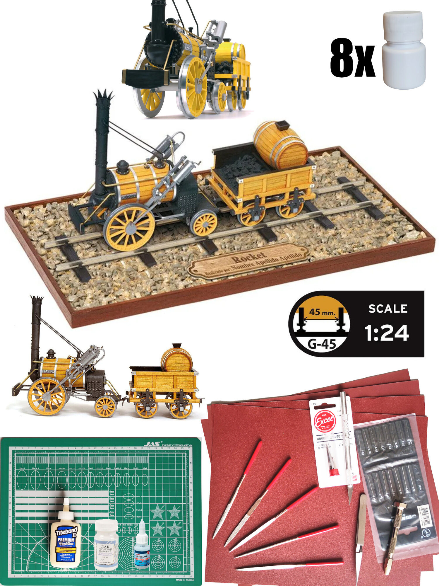 Модель OcCre, Паровоз Rocket, М 1:24, подарочный набор c подставкой, инструментами, красками, лаком и клеем