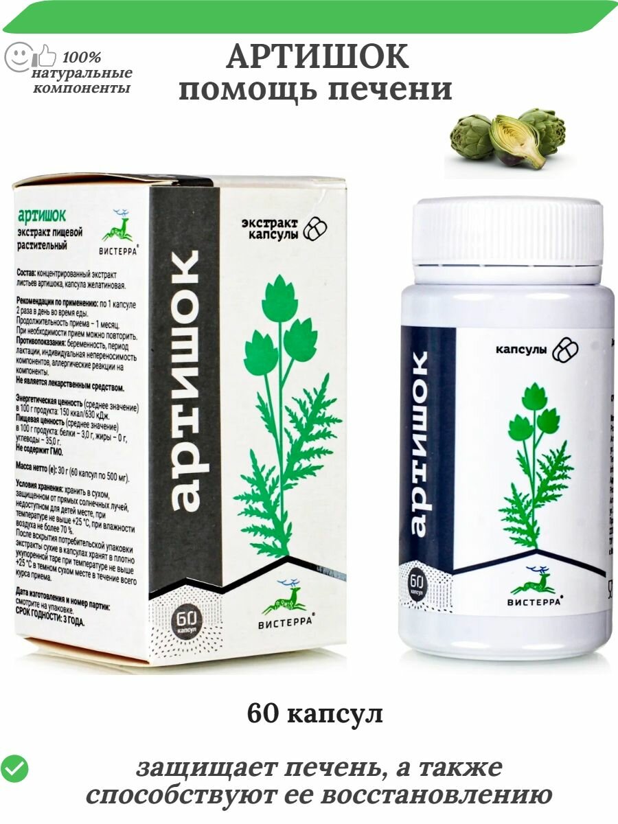 Артишок Вистерра, экстракт в капсулах, 60 шт, для печени и ЖКТ, натуральный, Россия