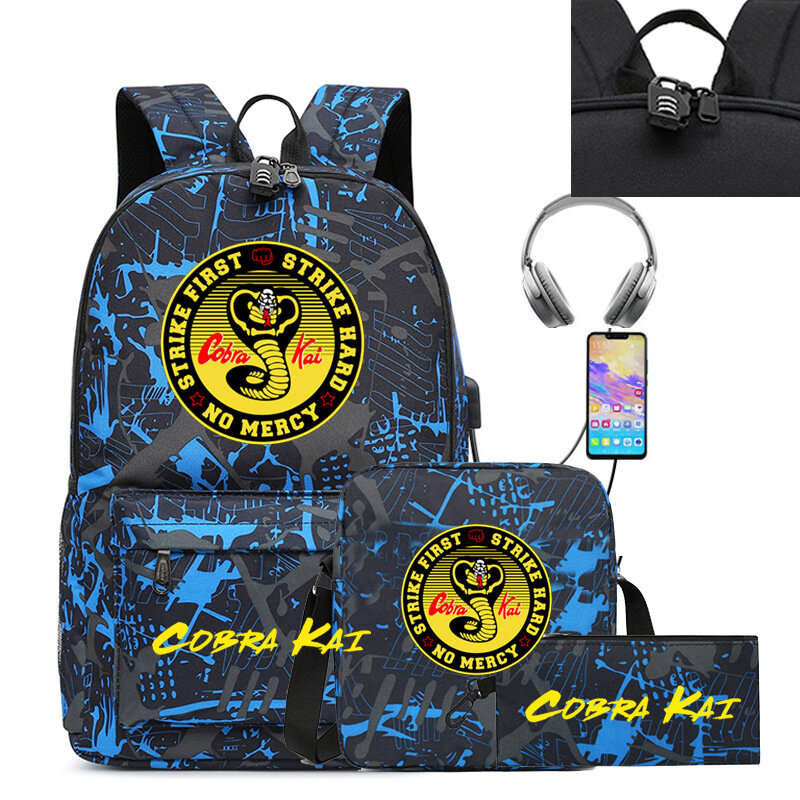 Новый американский сериал «Каратэ», детский рюкзак «Кобра», сумка для ручек, сумка на одно плечо, парусиновая школьная сумка из трех предметов 01