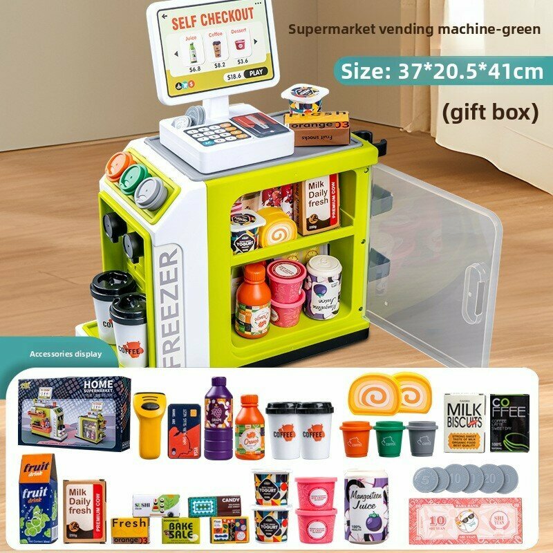 Plastic kids cash register with electronic features for toy supermarket and learning activities