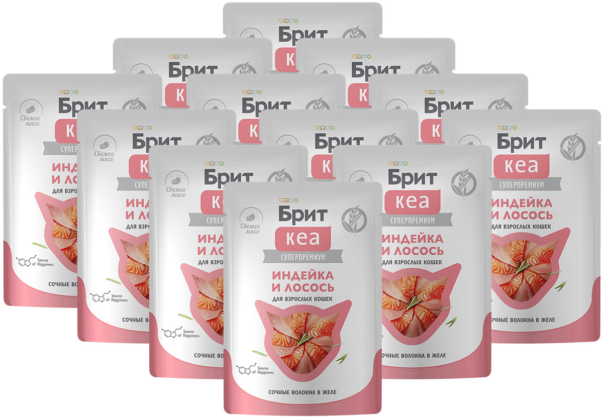 Корм влажный Brit Care для взрослых кошек с индейкой и лососем пауч кусочки в желе, 75 г х 12 шт