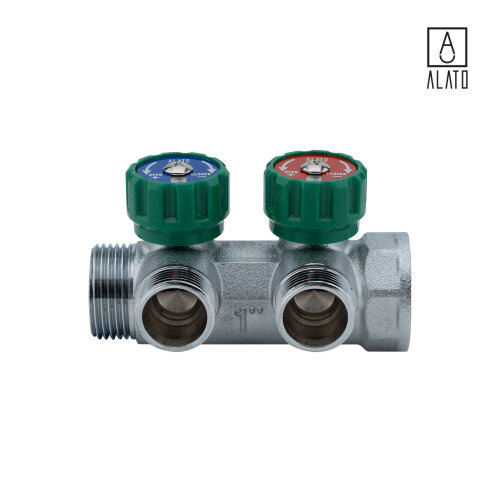 Коллектор 1" х 3/4" 2 выхода (евроконус) латунь никелиров. (1/25) "ALATO" 0312-0002