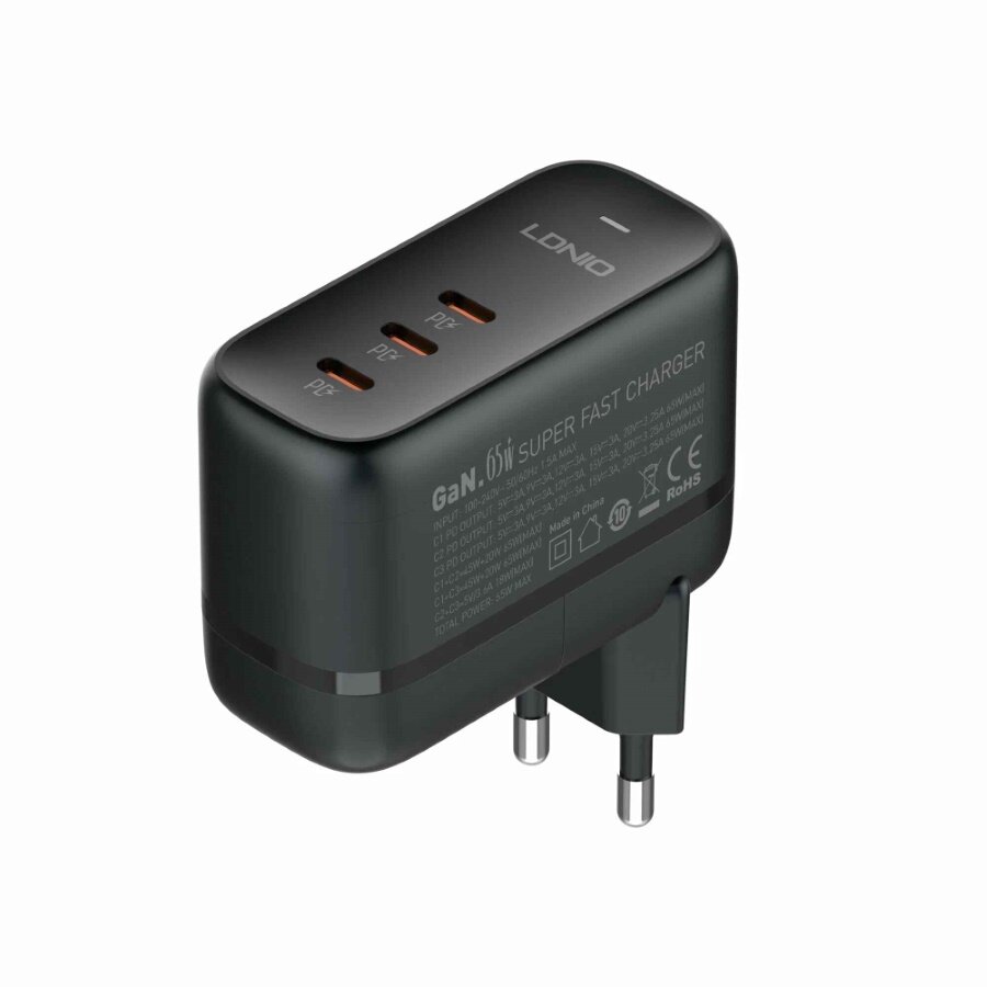 Блок питания LDNIO Q367 на 3*USB Type-C, GaN, PD+PPS+VOOC+QC 3.0, 3.3-20V, max 65W (220В), черный