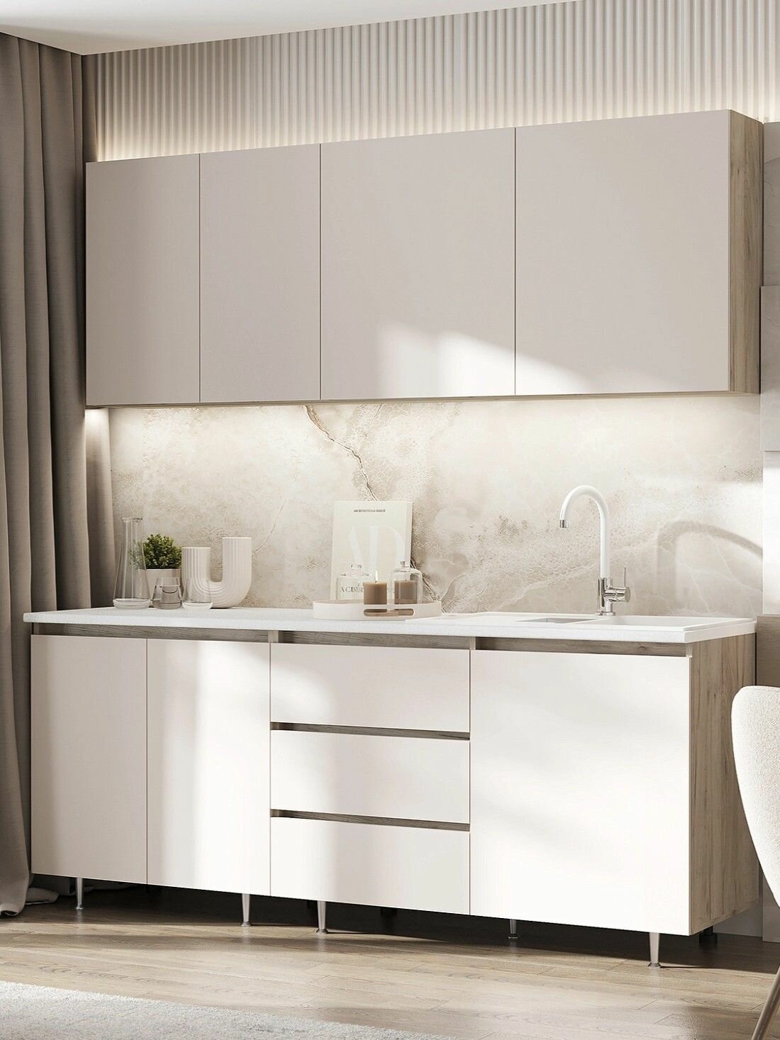 Кухня Челси 2,0м Компоновка №2 (Кашемир, Дуб Крафт серый (Антарес))