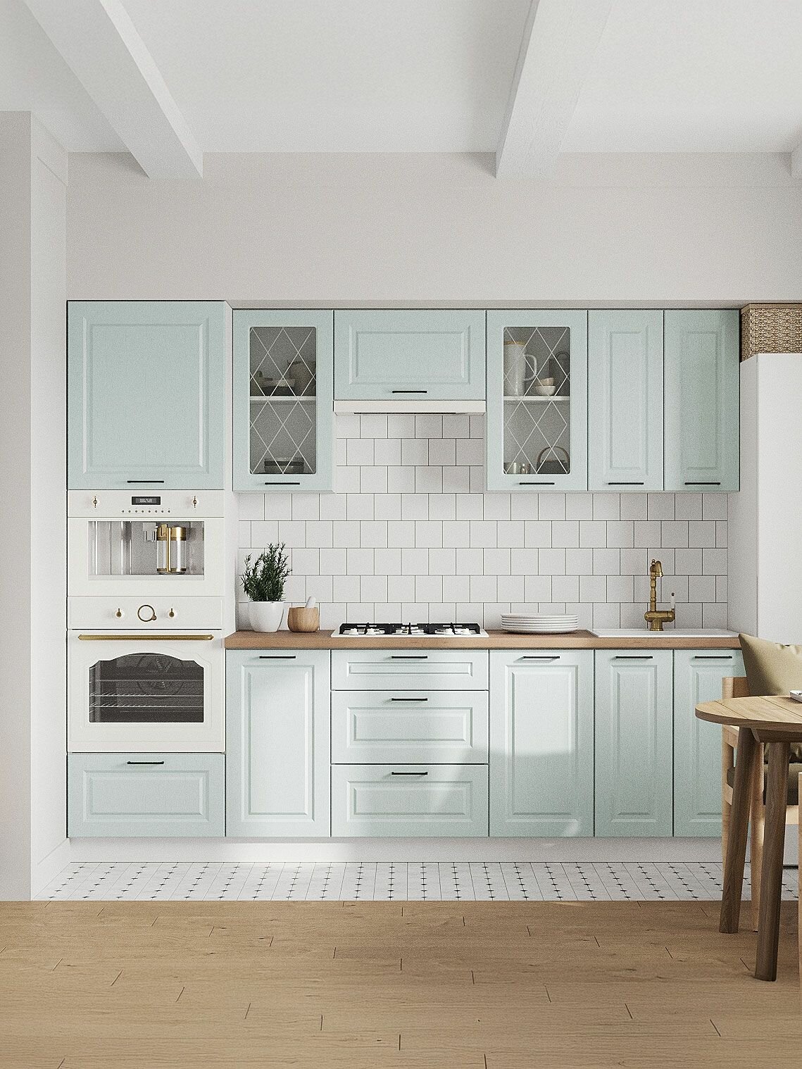 Кухонный гарнитур Шервуд 2.6 м, мебель для дома и кухни, Белый / Деним голубой со стеклом