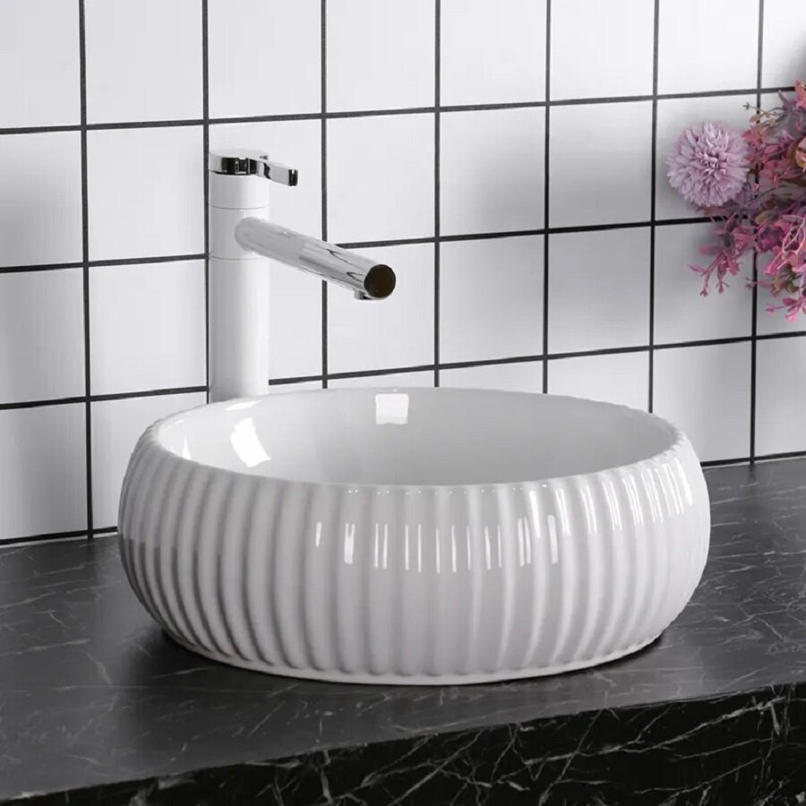 Раковина Ceruttispa CR0007 накладная, белая, круглая, ребристая 405х405х130