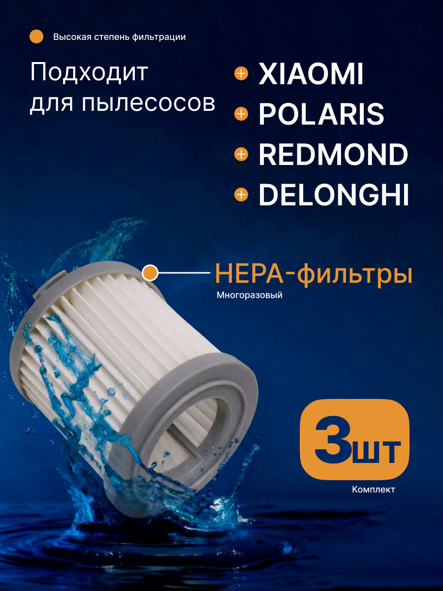 Hepa фильтр Run Energy для пылесоса Xiaomi JIMMY; DeLonghi XLM; REDMOND RV-UR370,365, 3 шт.