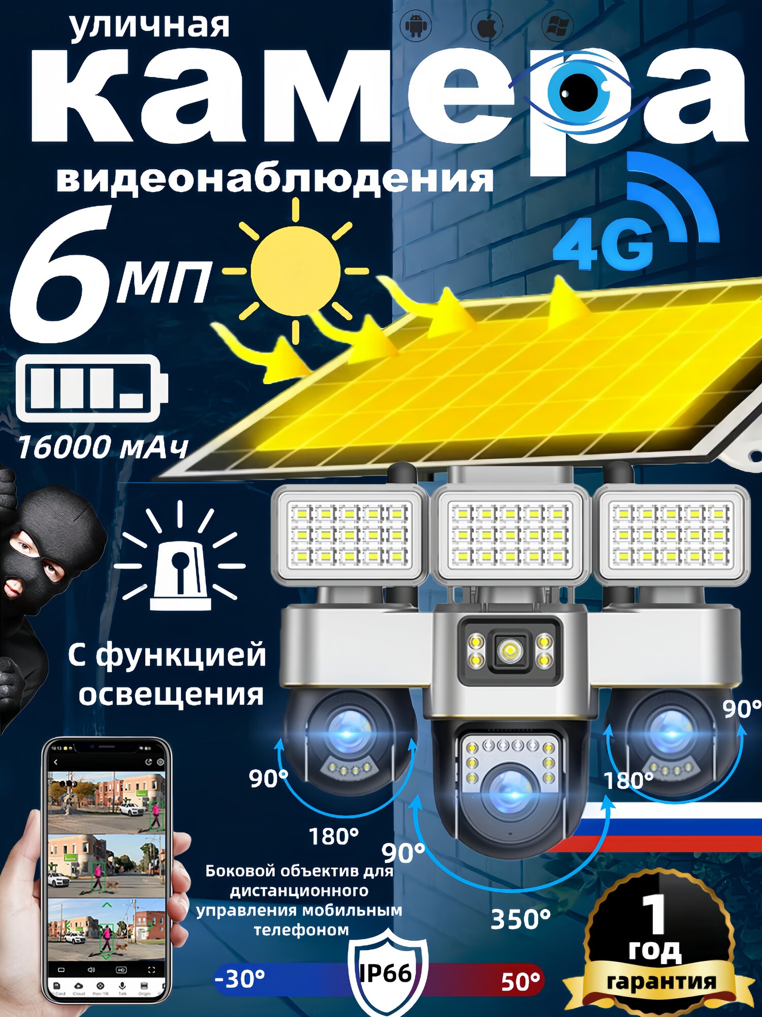 4G камера видеонаблюдения уличная на солнечной батарее/SIM/три стакана/200W*3/H:265/128G/Датчик движения