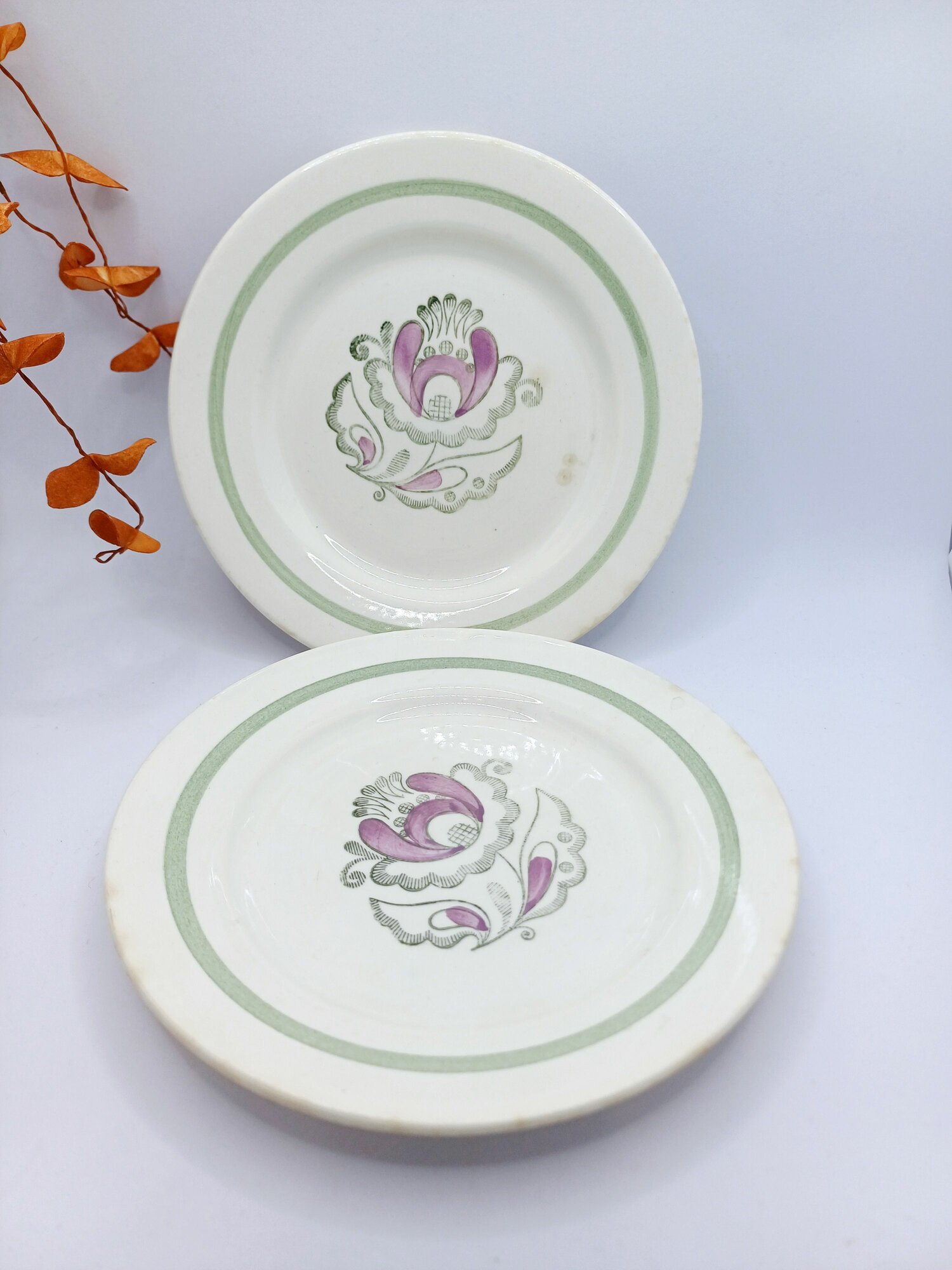 Набор плоских тарелок с цветочным рисунком винтажный, фаянс, Буди СССР,