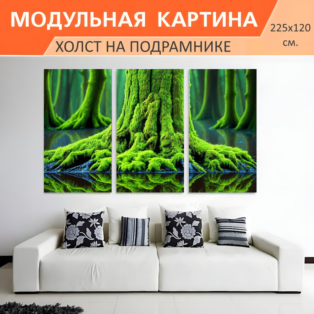 Модульная картина на холсте "Мятный цвет, изображающие мятные стволы деревьев, покрытые мягким влажным мхом. техника рефлексивной." триптих на подрамнике 225х120 см. для интерьера