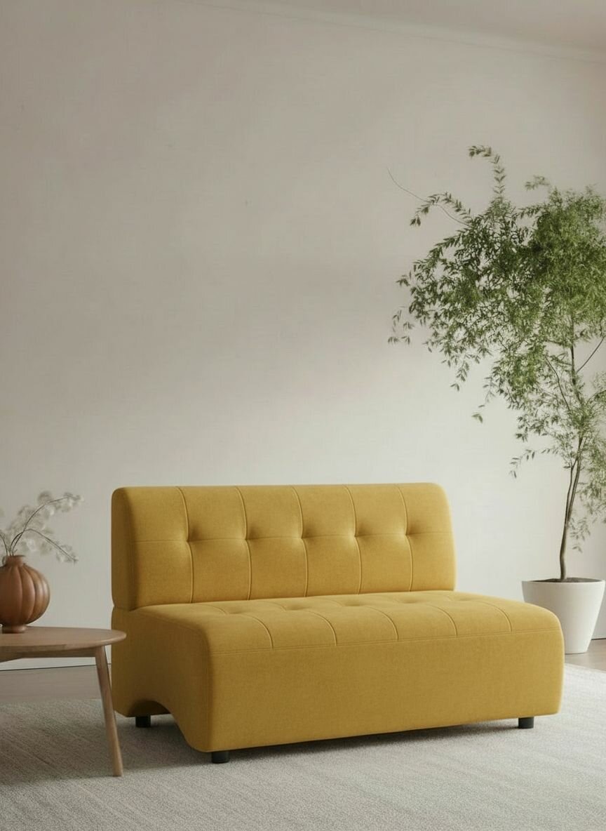 Диван прямой Вега без подлокотников желтый велюр. Офис, дом, салон красоты, прихожая, гостиная, зона ожидания.