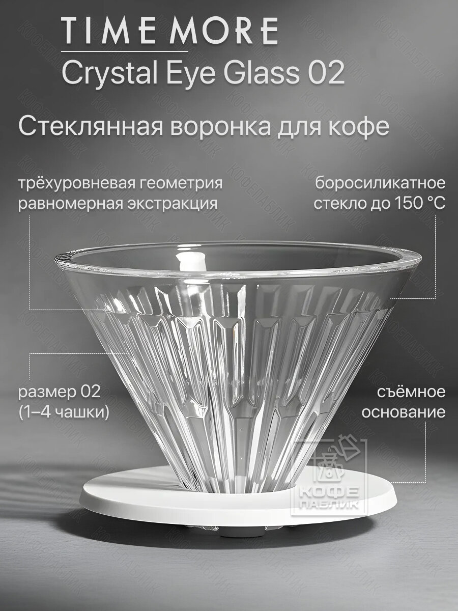 Воронка для кофе Timemore Crystal Eye Glass Dripper 02, боросиликатное стекло, белое основание, для фильтр-кофе