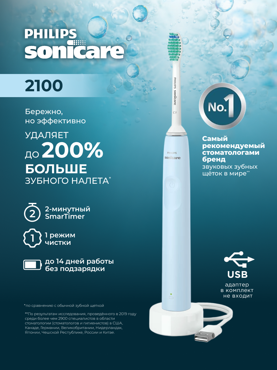 Электрическая зубная щетка Philips Sonicare 2100 Series HX3651/12 Голубая