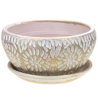 Горшок для цветов Домашняя Мода керамический "Астра" 2,8 л, д 22 см, h 12 см, форма плошка-2, белый жемчуг, ручная работа (А5-223/27-223)