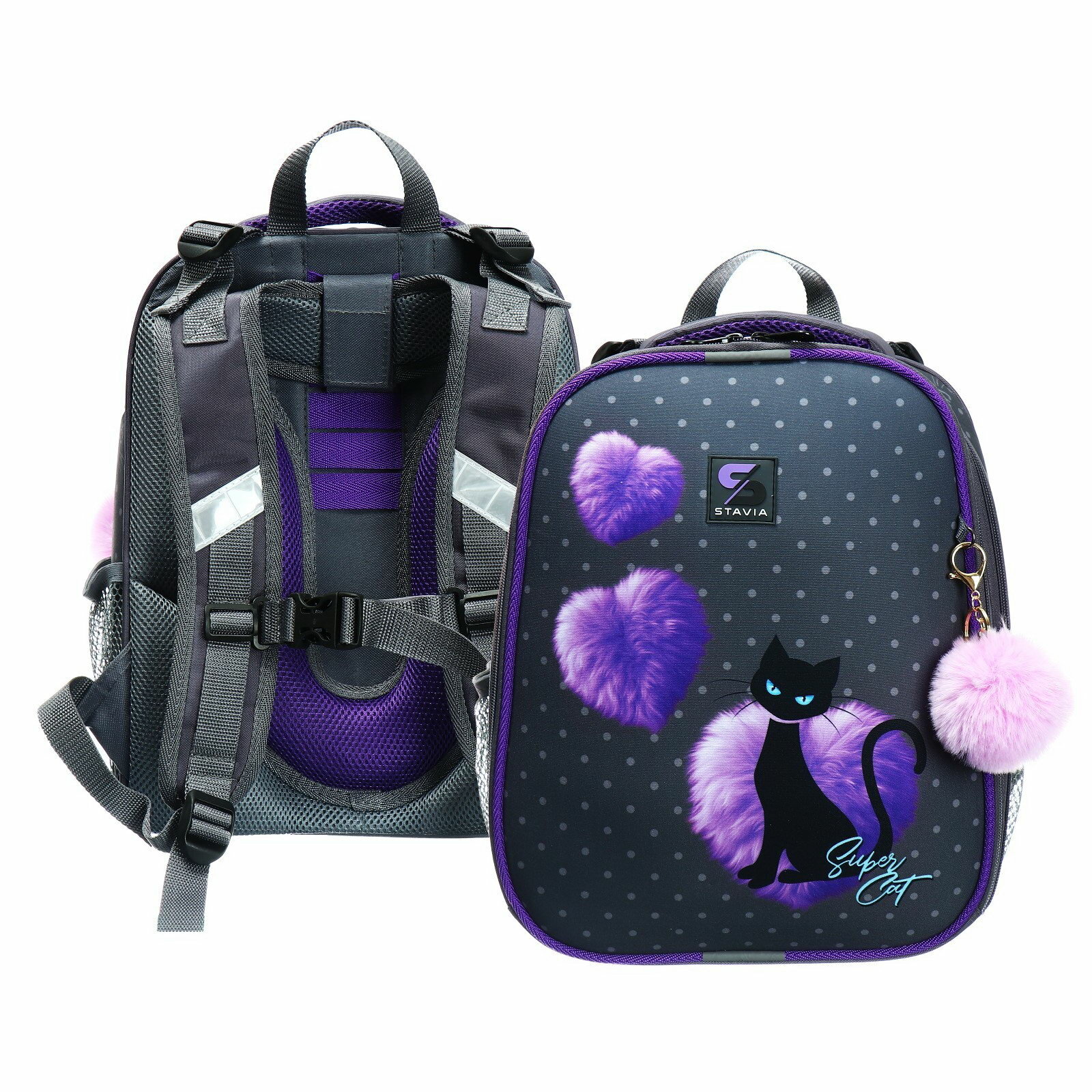 Рюкзак каркасный школьный 38x30x16 см, эргономичная спинка, "Чёрная кошка", серый