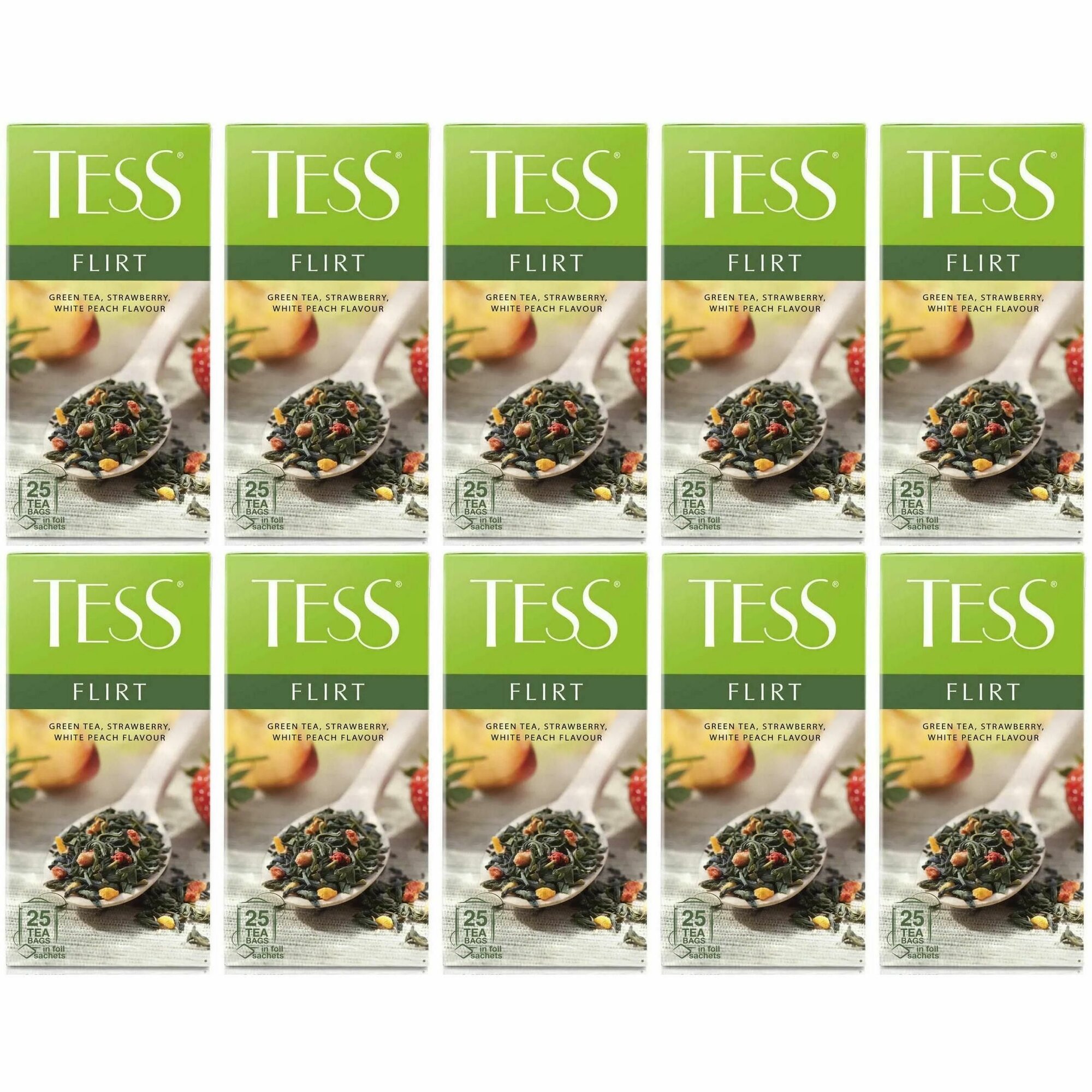 Tess Чай зеленый Flirt Клубника и белый персик, 1,5 г, 25 пакетиков, 10 шт в коробке