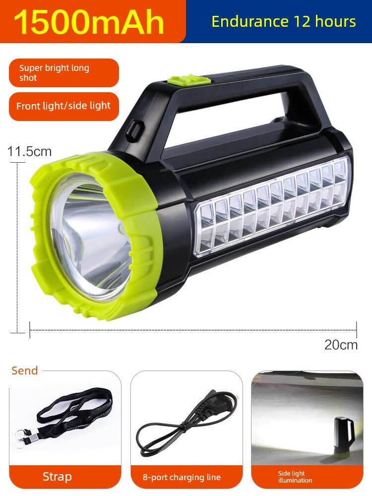 Перезаряжаемый LED фонарик с крупным боковым светом, аккумулятор 1500 мАч, 12 часов работы для походов