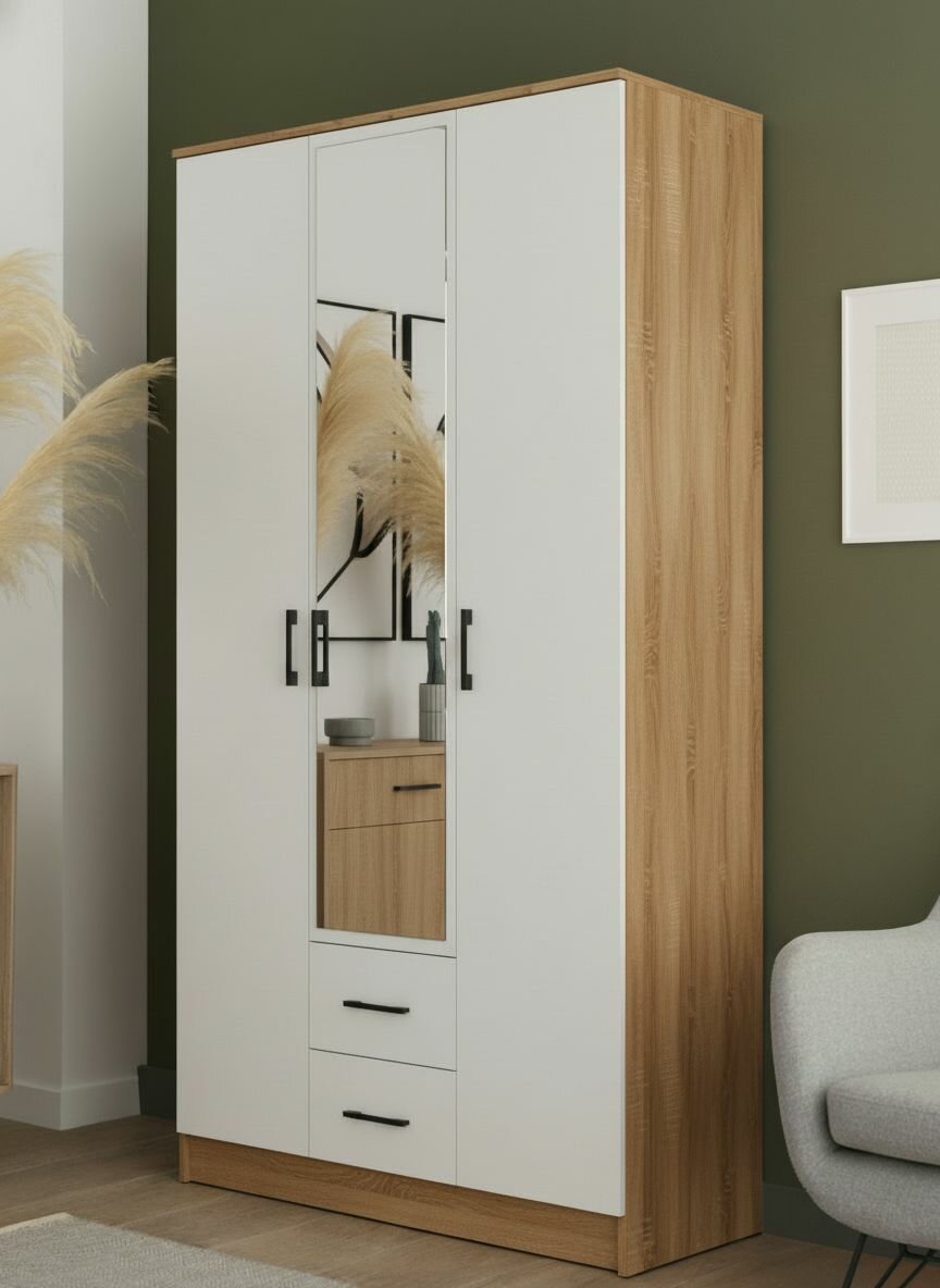 Шкаф Трио, Дуб Вотан/Белый гладкий, ЛДСП, с полками, ящиками, штангами, для спальни, гостиной, прихожей, 1200х2200х487, ЭРА