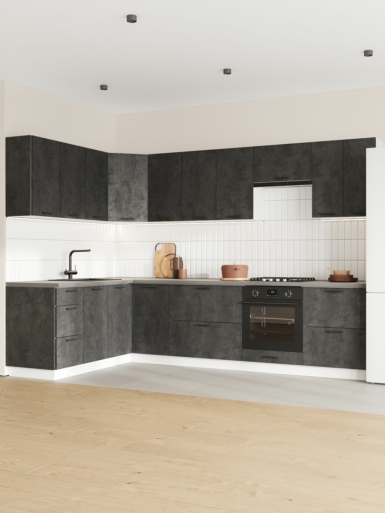 Кухонный гарнитур угловой Урбан 3х1.8 м, мебель для дома и кухни, Белый / Цемент темный
