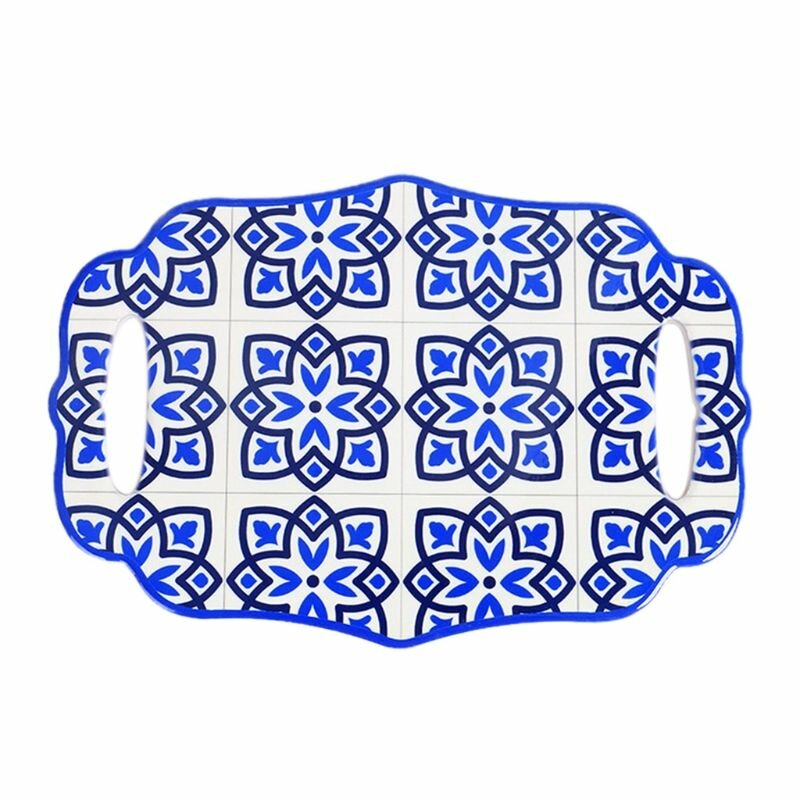 Прямоугольная керамическая подставка для столовых приборов сине-белая фарфоровая под чашку с узором