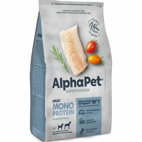 Корм сухой Alphapet Superpremium MONOPROTEIN полнорационный из белой рыбы для взрослых собак средних и крупных пород, 18 кг